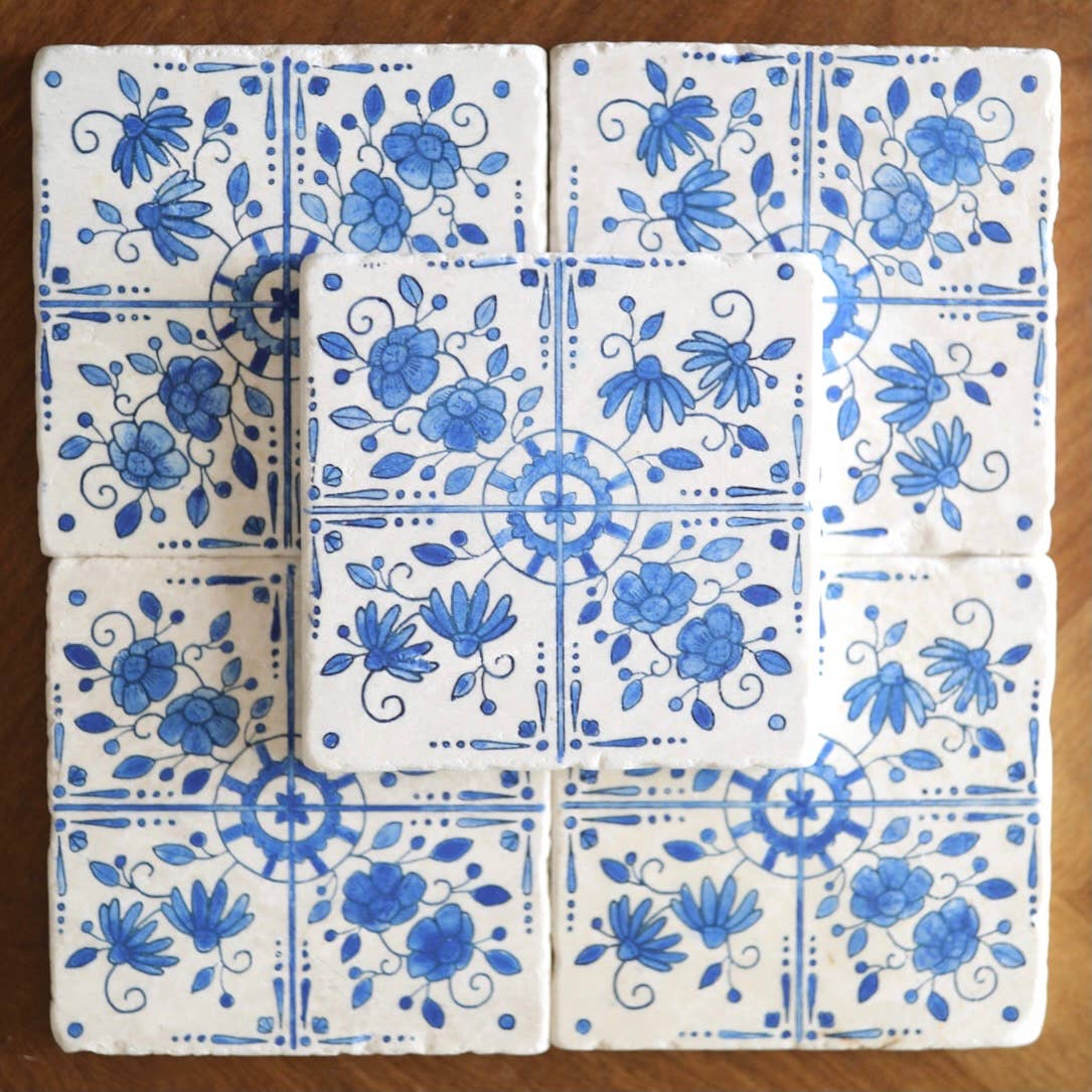 Lace, Grace & Peonies Marble Coasters - Blue Delft Tile Hand Painted M ...